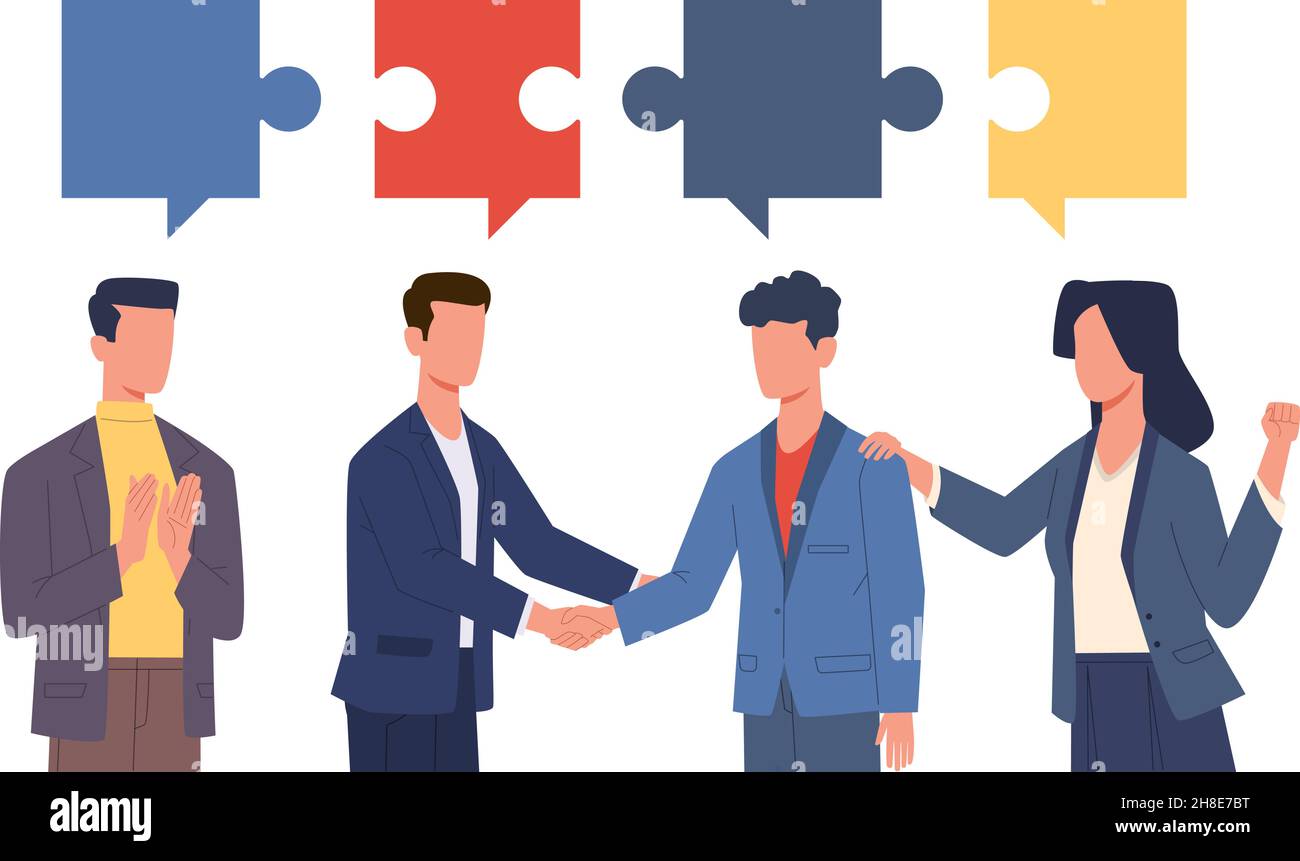 Consensus. Agreement in discussion. People shake hands. Puzzle ...