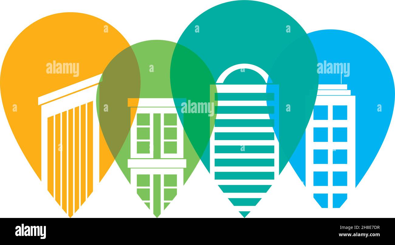 abstract design of location pins with city buildings Stock Vector Image ...