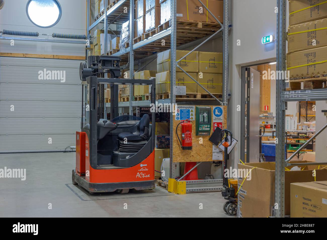 Beautiful view of storage warehouse. Fork lift truck in warehouse store ...