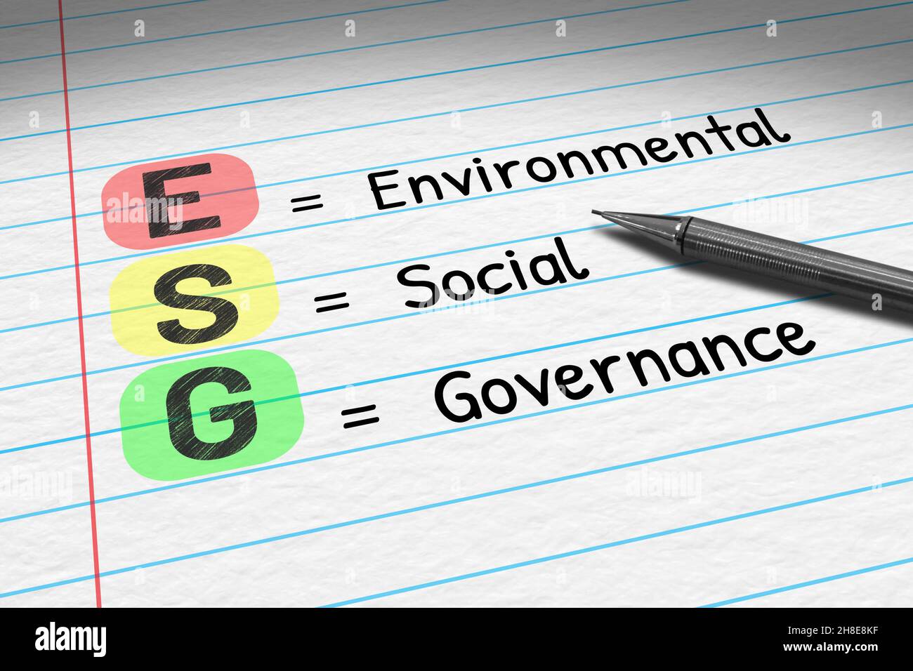 ESG - Environmental Social Governance. Business acronym on note pad ...