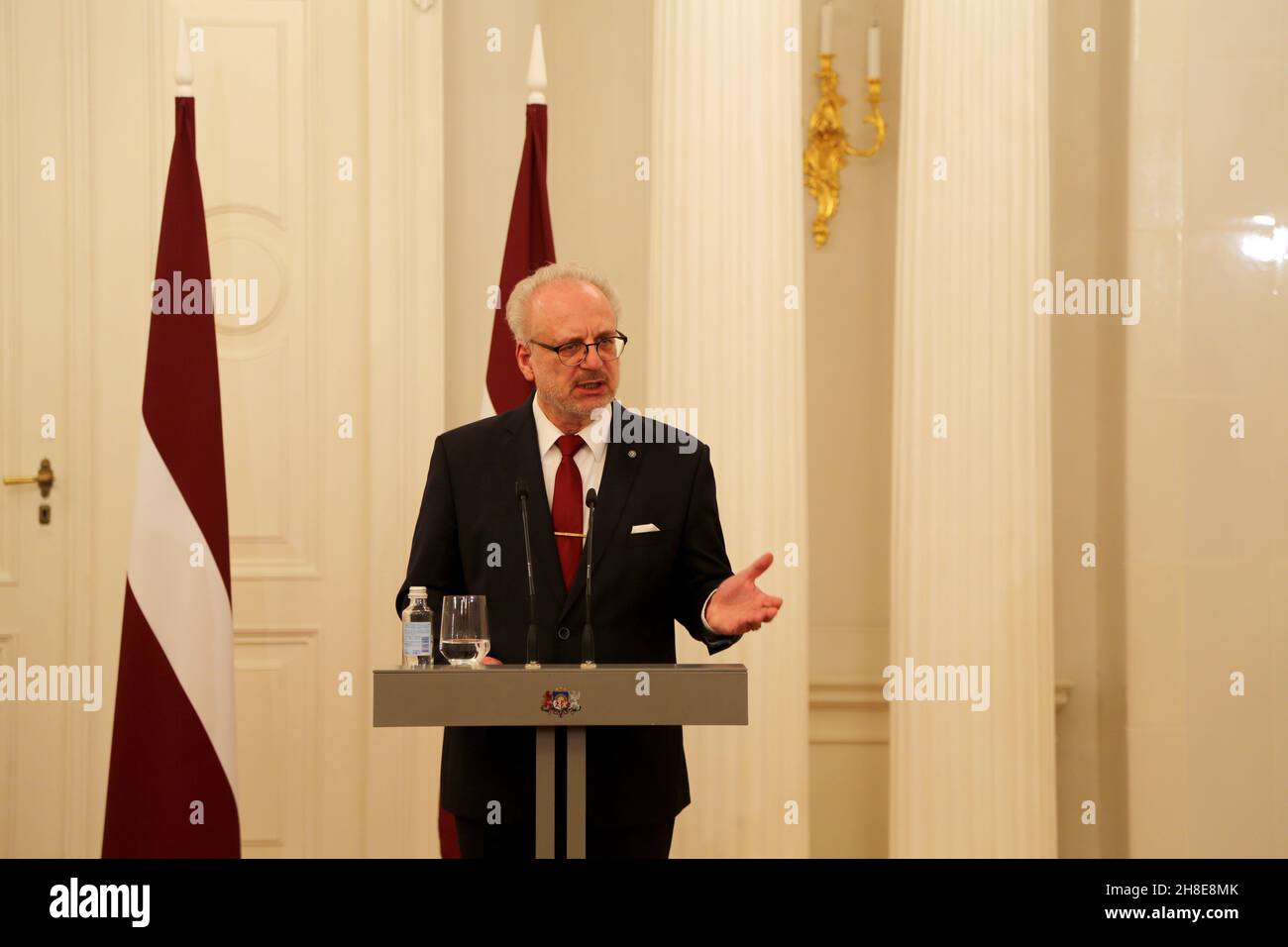 Riga, Latvia. 29th Nov, 2021. Egils Levits (l), President of Latvia ...