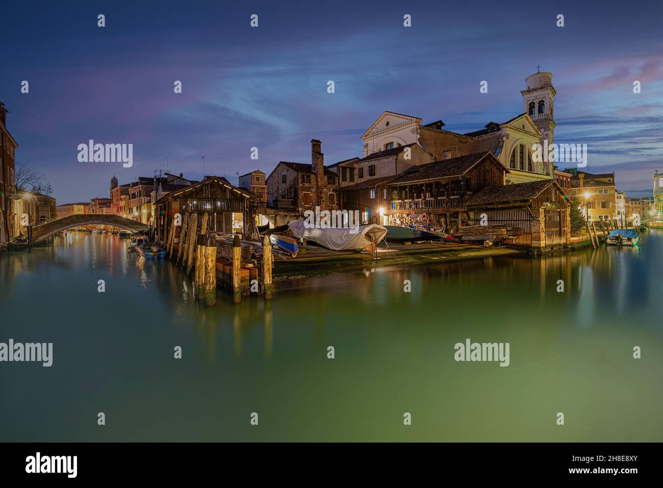 Gondola shipyard in Venice, Italy during nighttime Stock Photo - Alamy