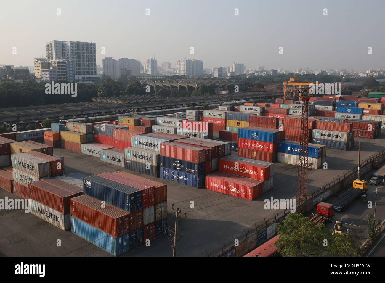 High angel view of a container port in Dhaka, Bangladesh Stock Photo ...