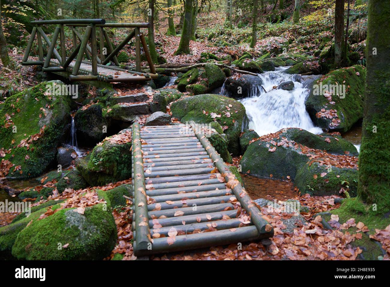 Different types of wooden bridges cross a river in the black forest ...