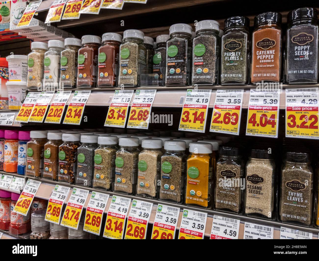 Kirkland, WA USA - circa September 2021: Angled view of spices ans ...