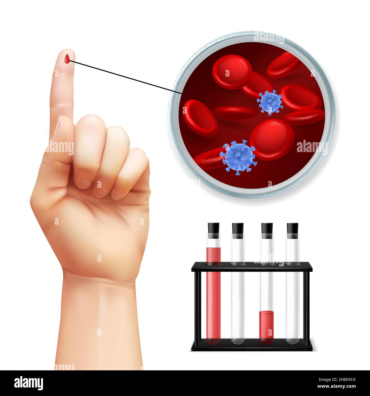 Diagnostics. Virus search. Person takes blood test from finger. Medical ...