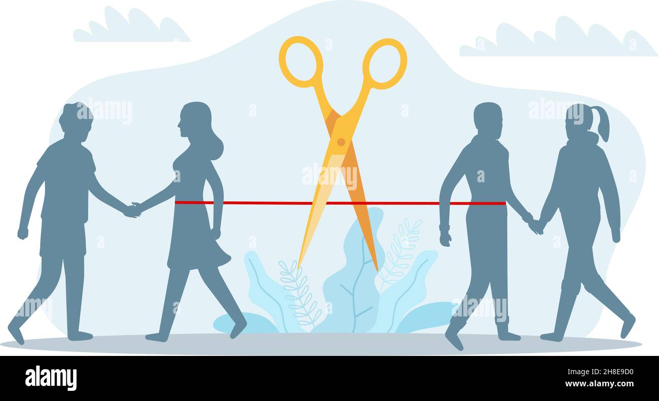 Divorce. Partners infidelity. Separation of broken marriage. Scissors ...