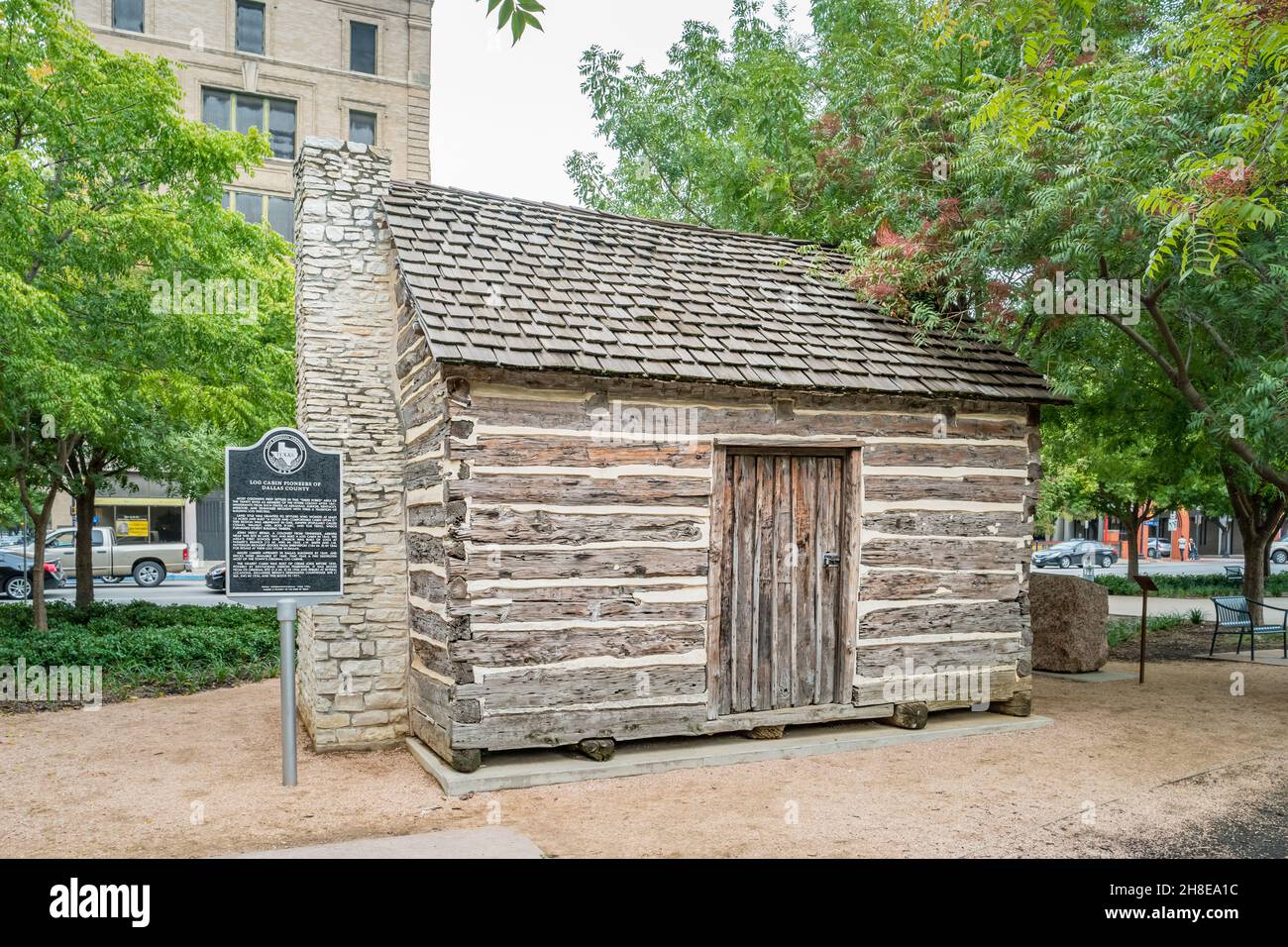 Historic pioneer log cabin from c. 1850 in downtown Dallas Texas USA ...