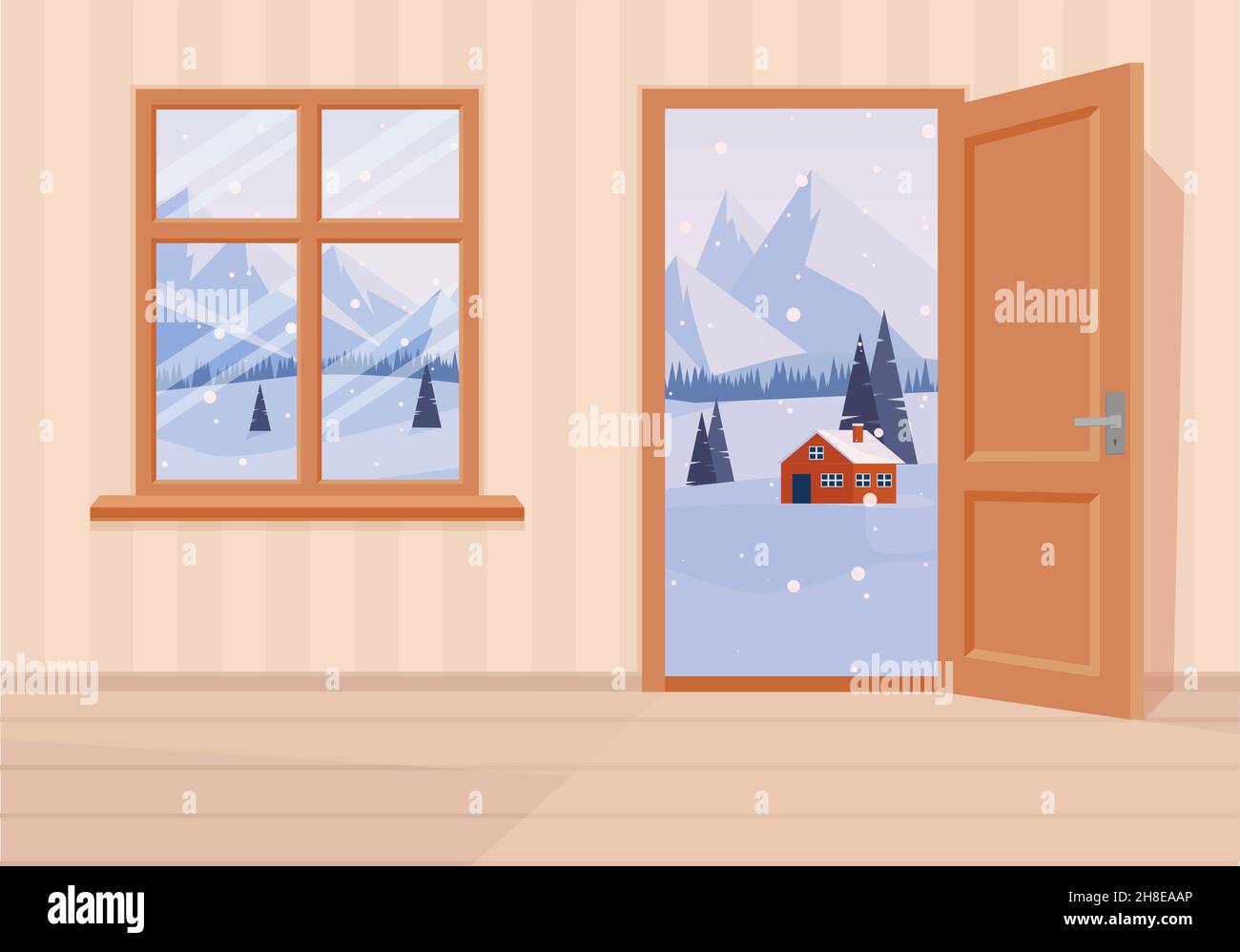 Window and doors into winter landscape. Flat cartoon style vector ...