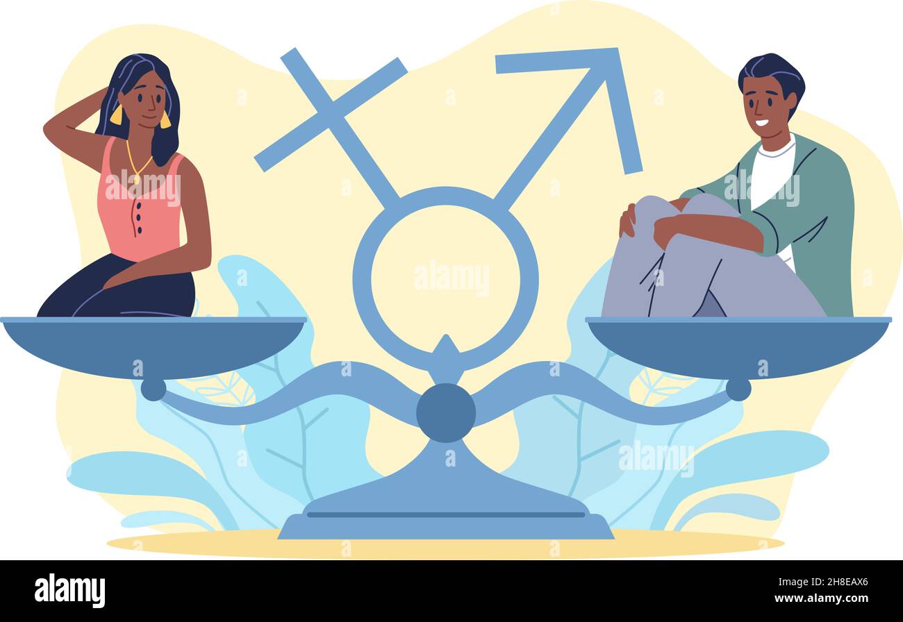 Gender equality. Man and woman sitting on scales bowls. Male and female ...