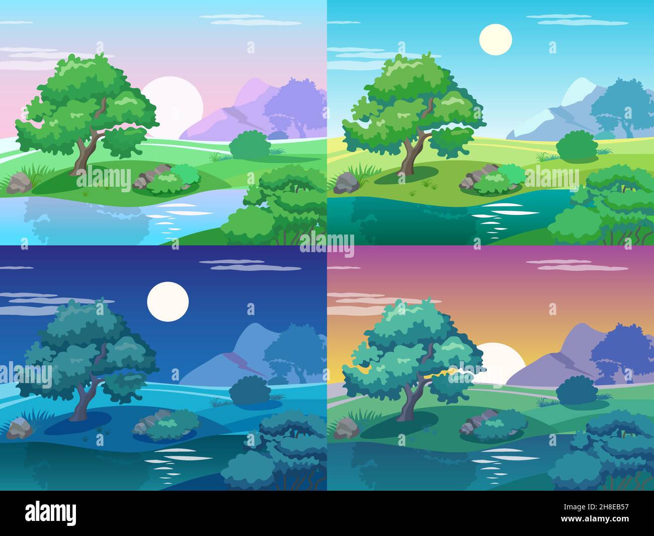 Different day times landscape. Morning and evening meadow with tree ...