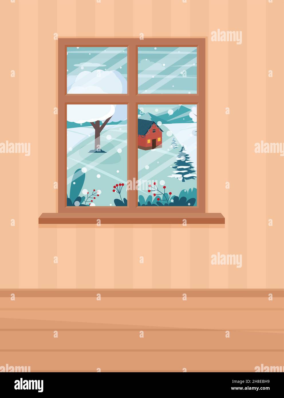 Into winter landscape window. Flat cartoon style vector illustration ...