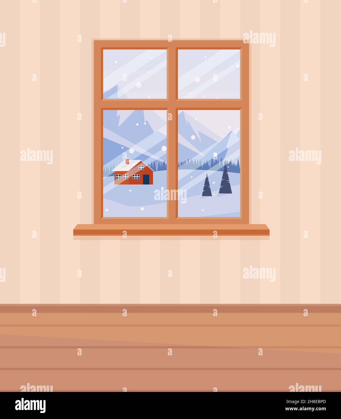 Into winter landscape window. Flat cartoon style vector illustration ...