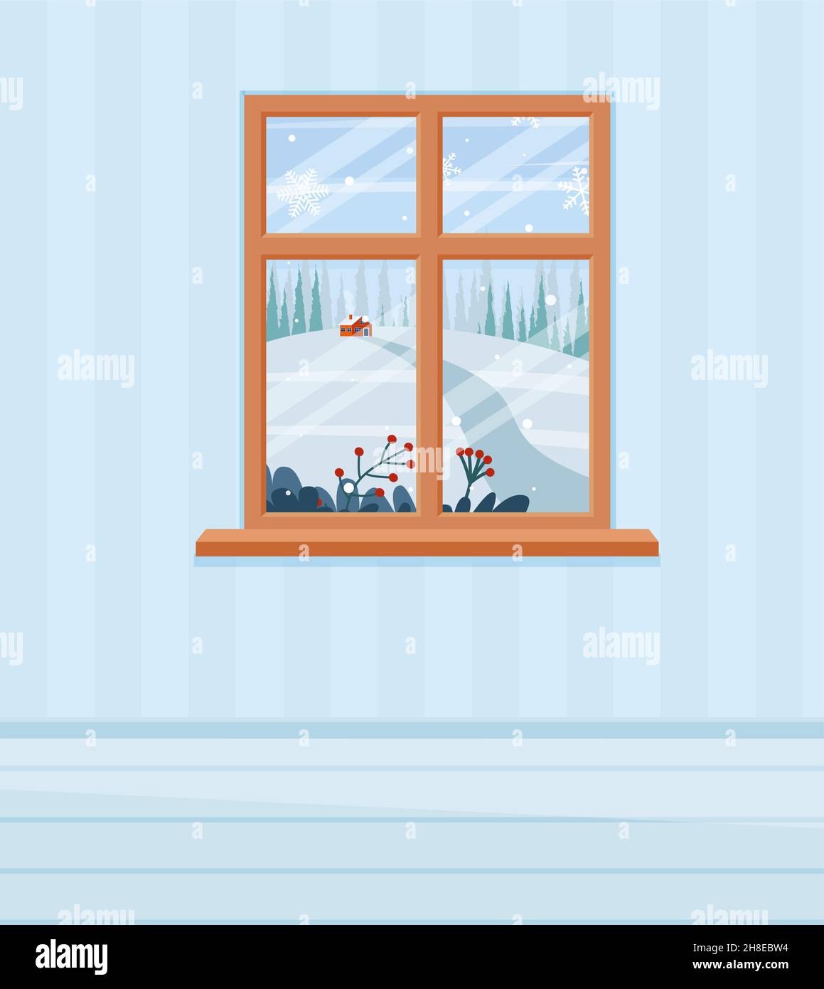 Into winter landscape window. Flat cartoon style vector illustration ...
