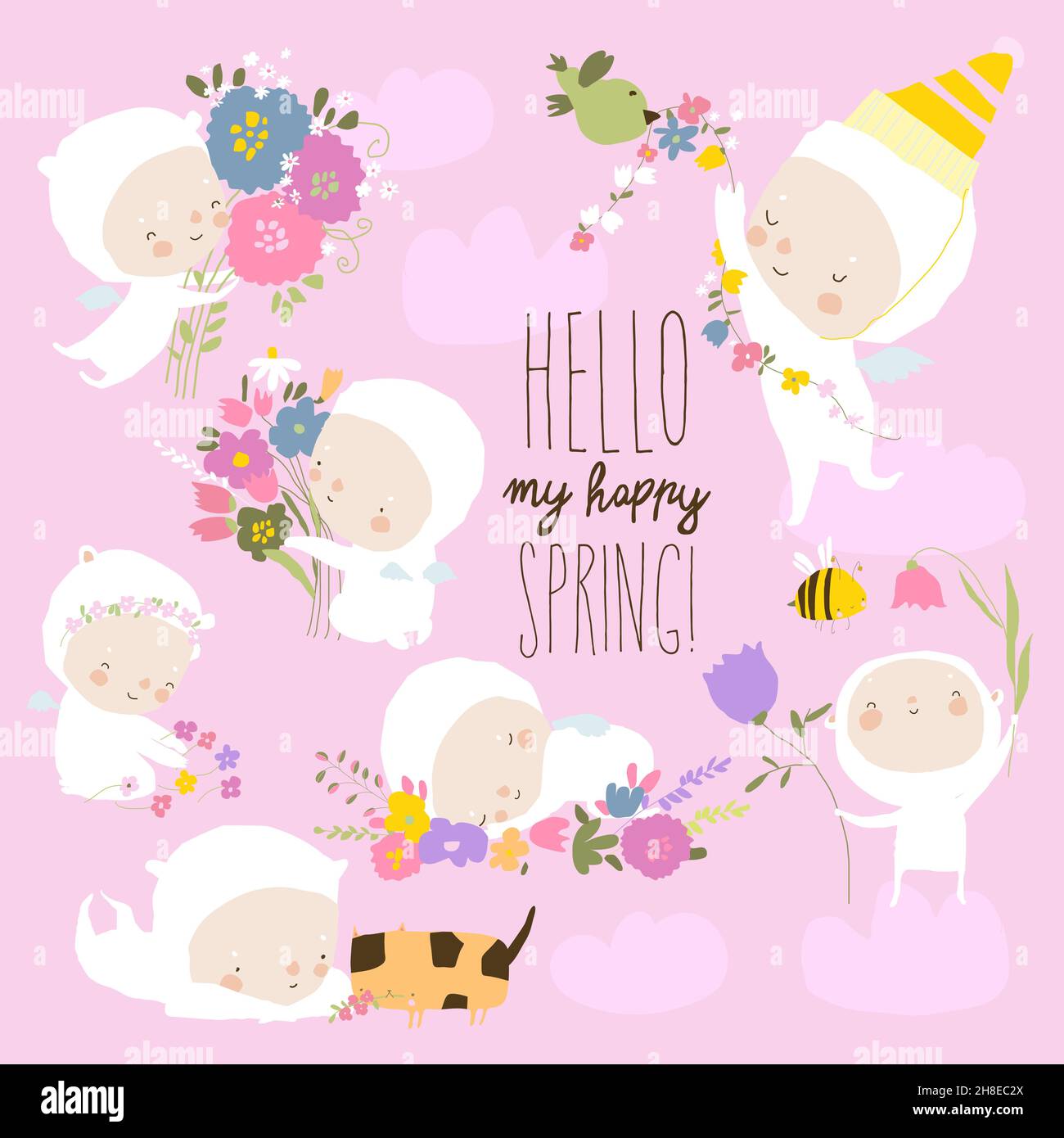 Set of Cute Little Angels with Spring Flowers Stock Vector Image & Art ...