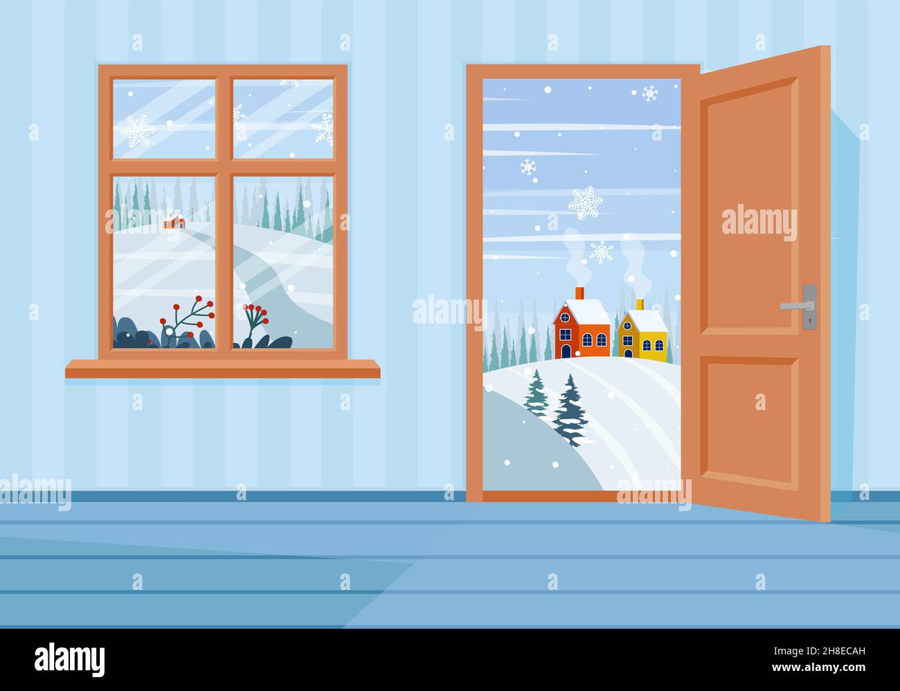Window and doors into winter landscape. Flat cartoon style vector ...