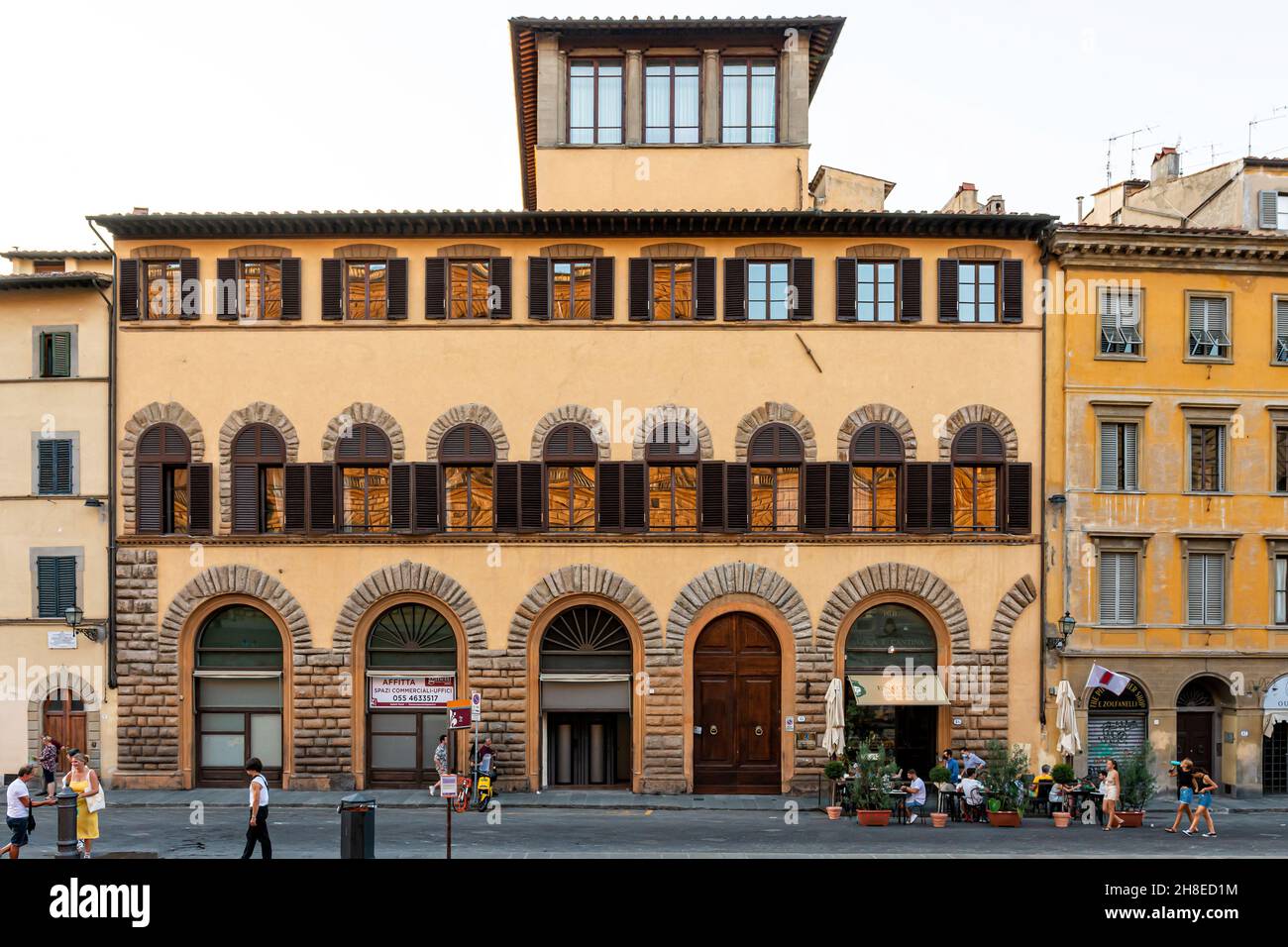 Florence, Italy - August 11, 2021: facade of medieval house with ...