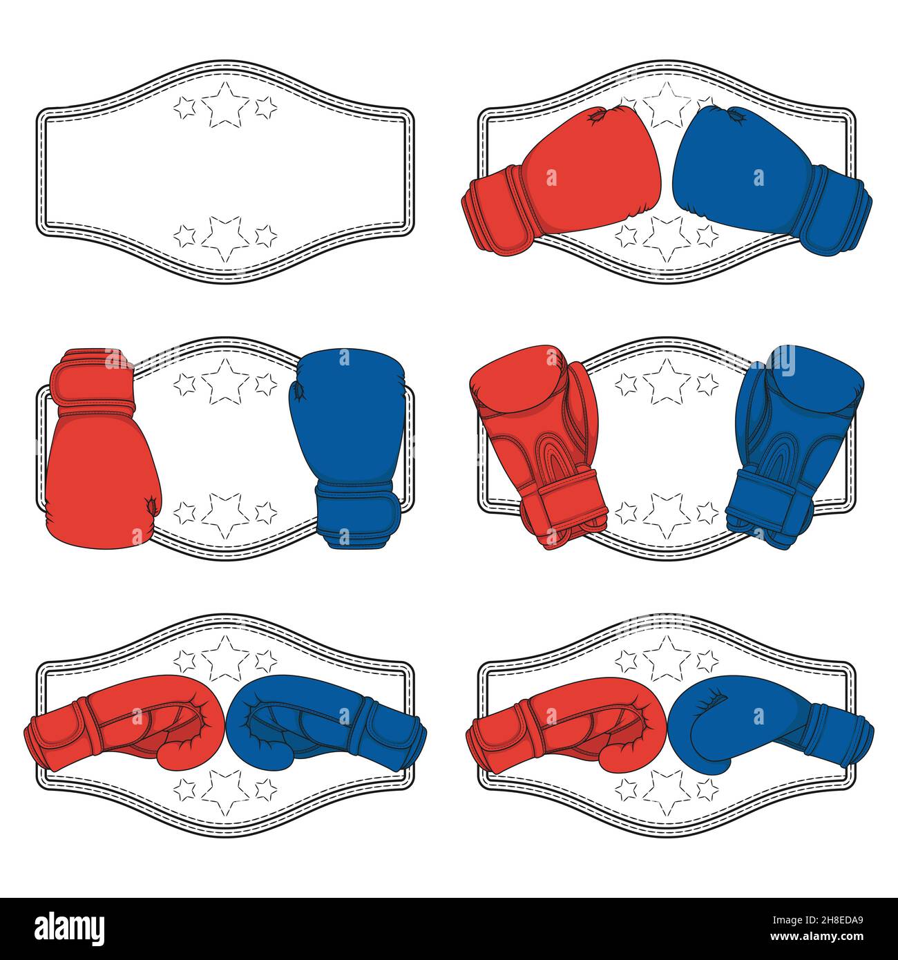 Set of color illustrations with red and blue boxing gloves and a winner ...