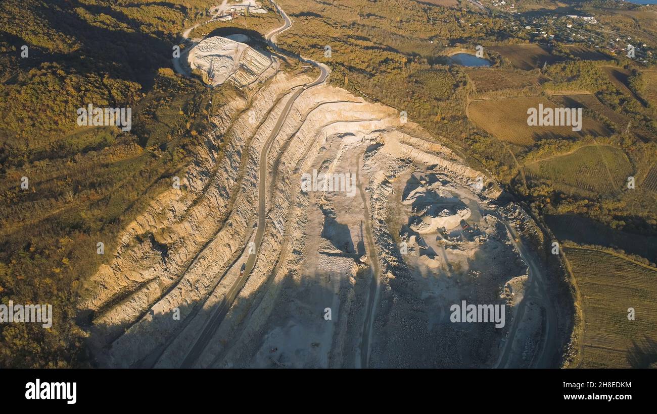 Panoramic view of quarry. Shot. Top view of picturesque quarry located ...