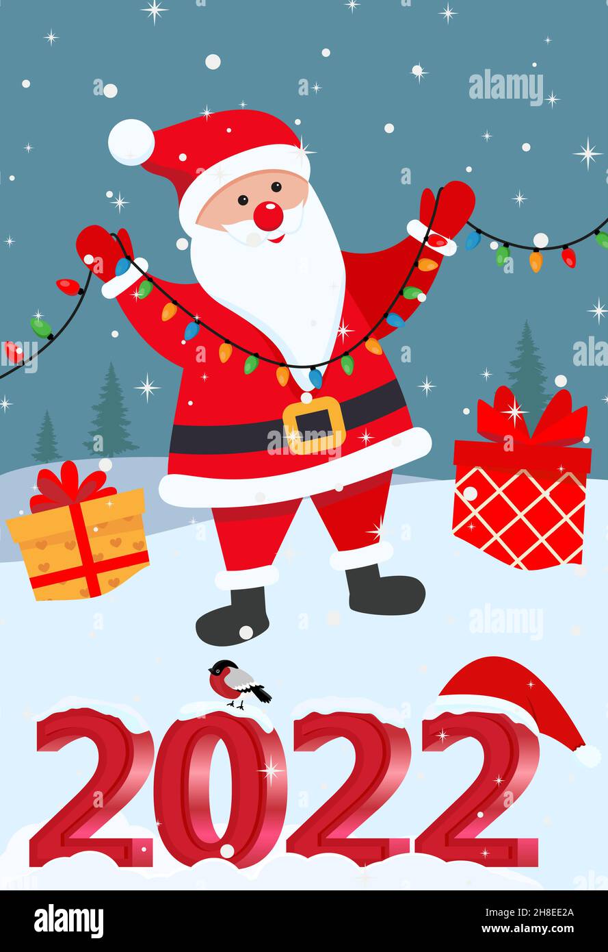 Cute Christmas and New Year card with santa claus and lettering 2022 ...