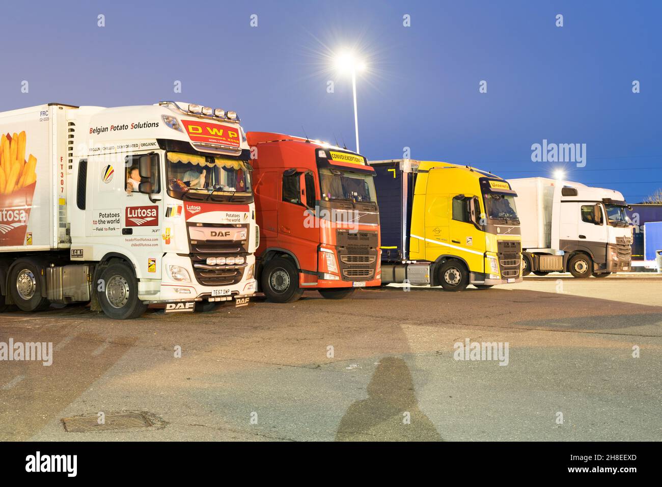 Rows of long distance haulage HGV truck park over night when drivers ...