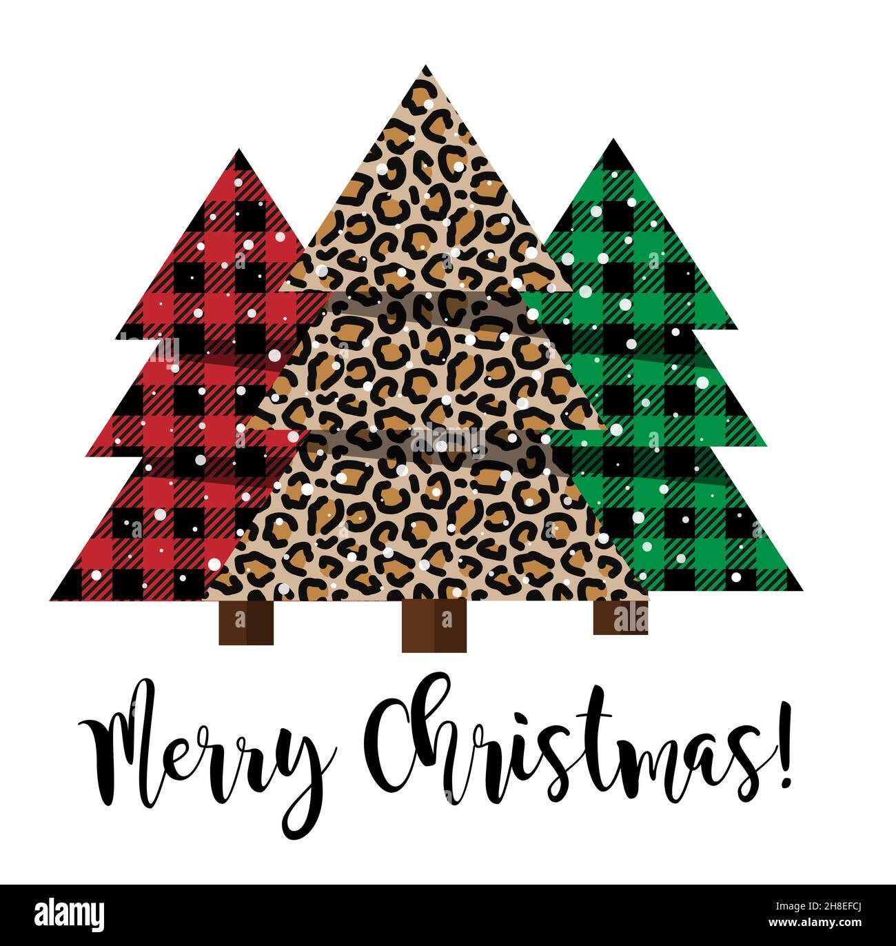 Festive Christmas tree card in pattern at Buffalo Plaid and leopard ...