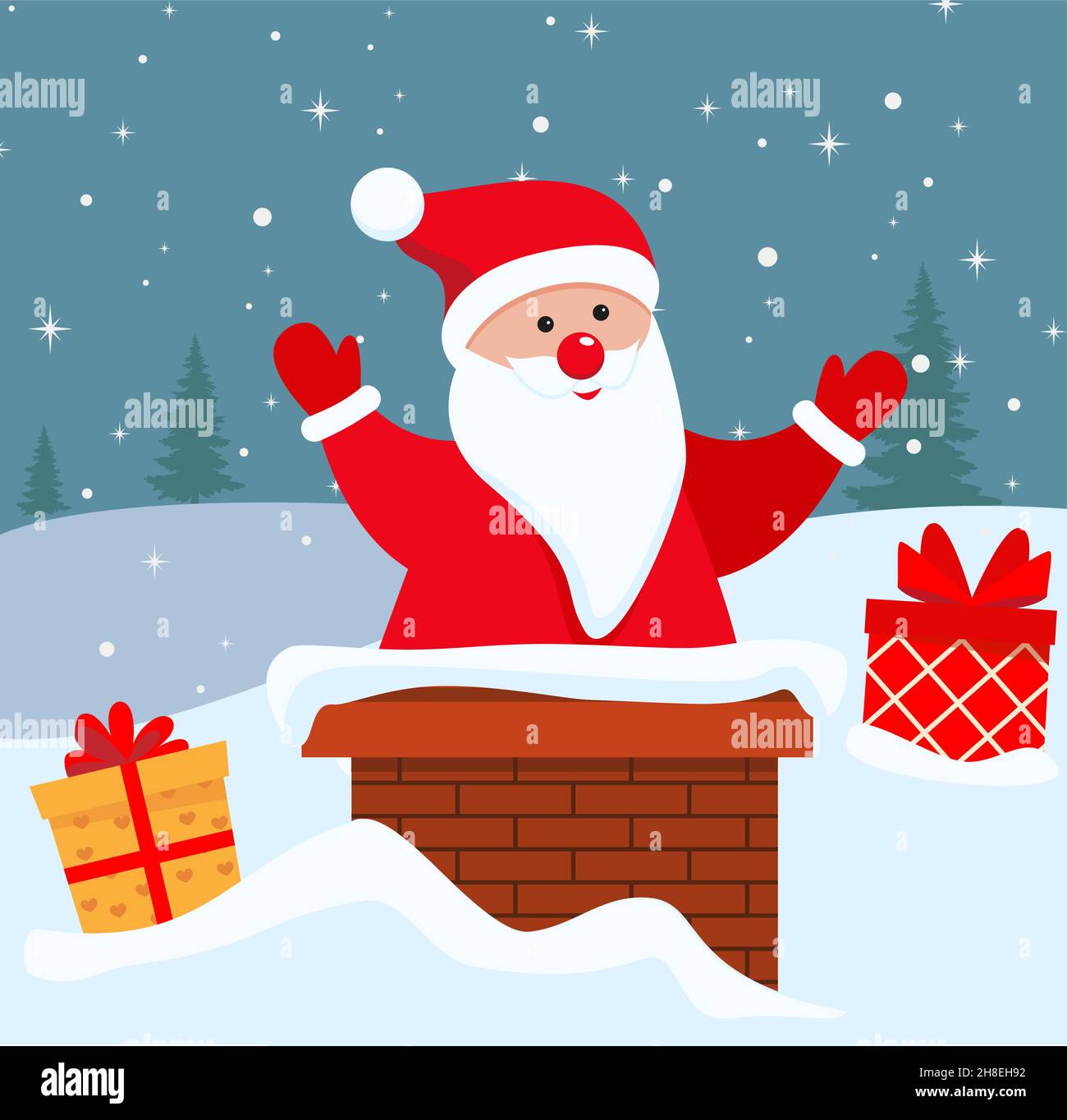 Vector cartoon illustration of cute Santa Claus on the chimney ...