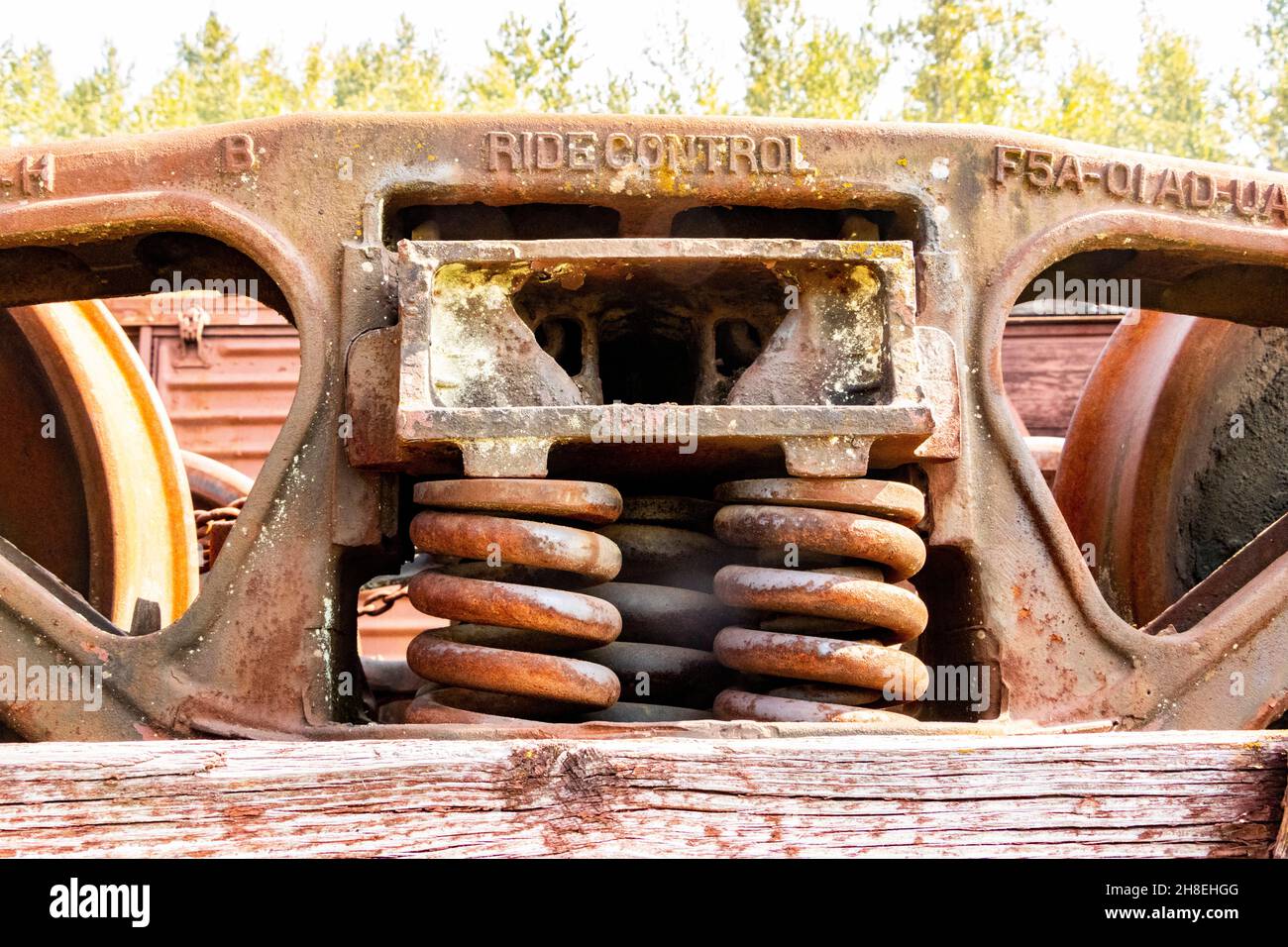 close up of rusty ride control springs bogie on train in Revelstoke ...