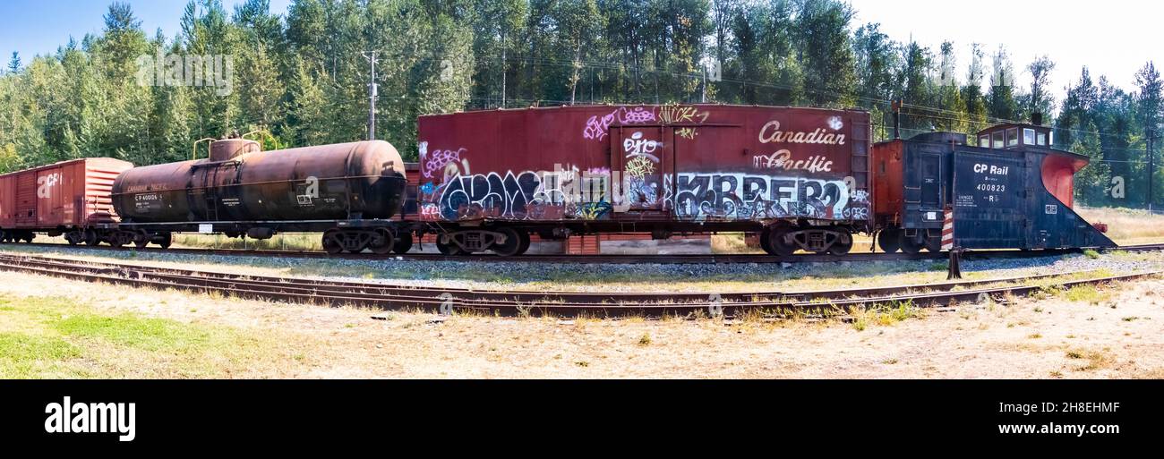 wide angle panorama of Canadian Pacific freight train with graffiti and ...