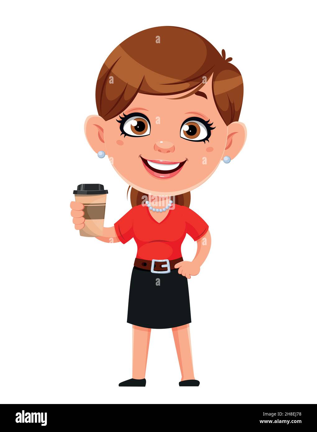 Cartoon business woman having a coffee break. Cheerful businesswoman ...