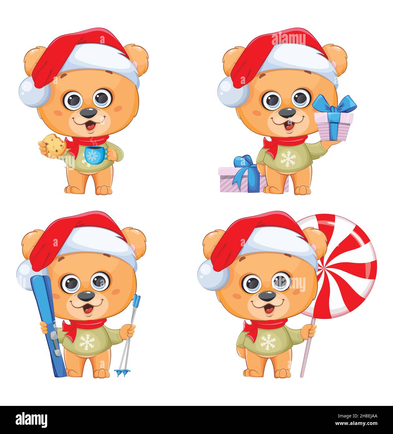 Merry Christmas. Funny bear in Santa hat, set of four illustrations ...