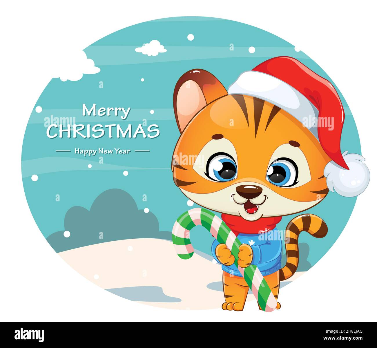 Merry Christmas greeting card. Cute tiger cub in Santa hat holding big ...