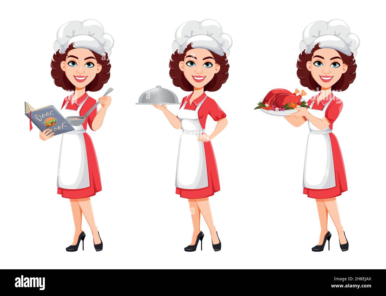 Chef woman, set of three poses. Cook lady in professional uniform. Cute ...