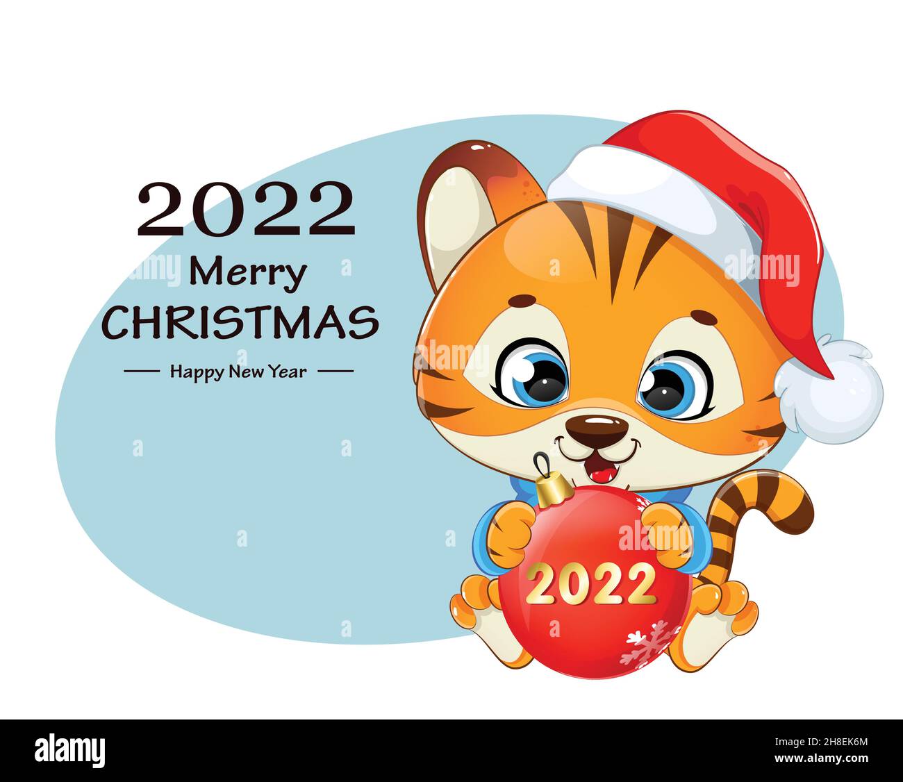 Merry Christmas greeting card. Cute tiger cub in Santa hat holding ...