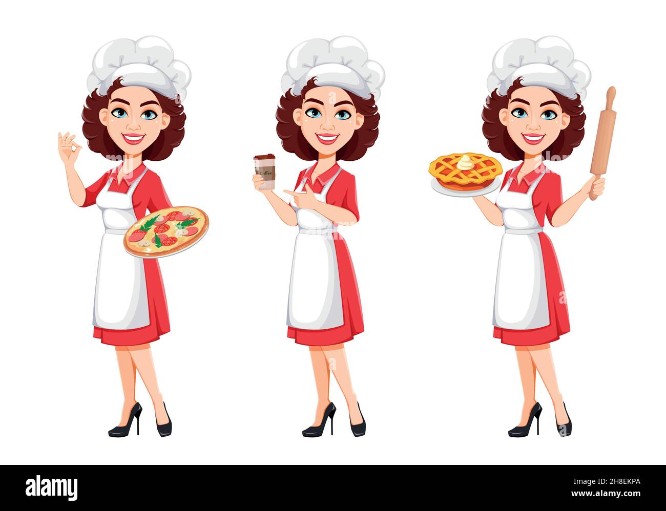 Chef woman, set of three poses. Cook lady in professional uniform. Cute ...