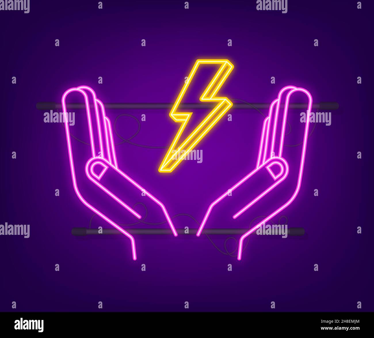 Lightning neon bolt in hands. Thunder bolt, lighting strike expertise ...