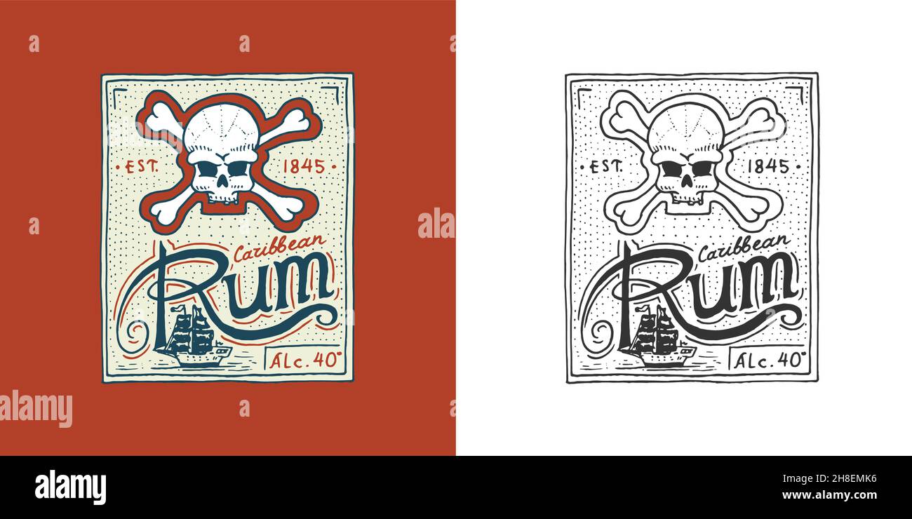 Rum label badge and skull. Strong Alcohol logo with calligraphic ...