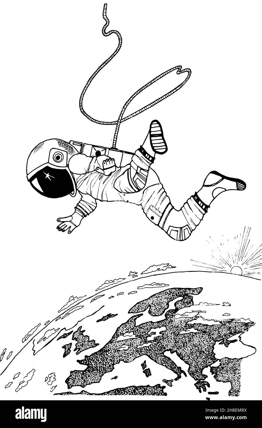 Astronaut spaceman flies to planet Earth. Astronomical galaxy space ...