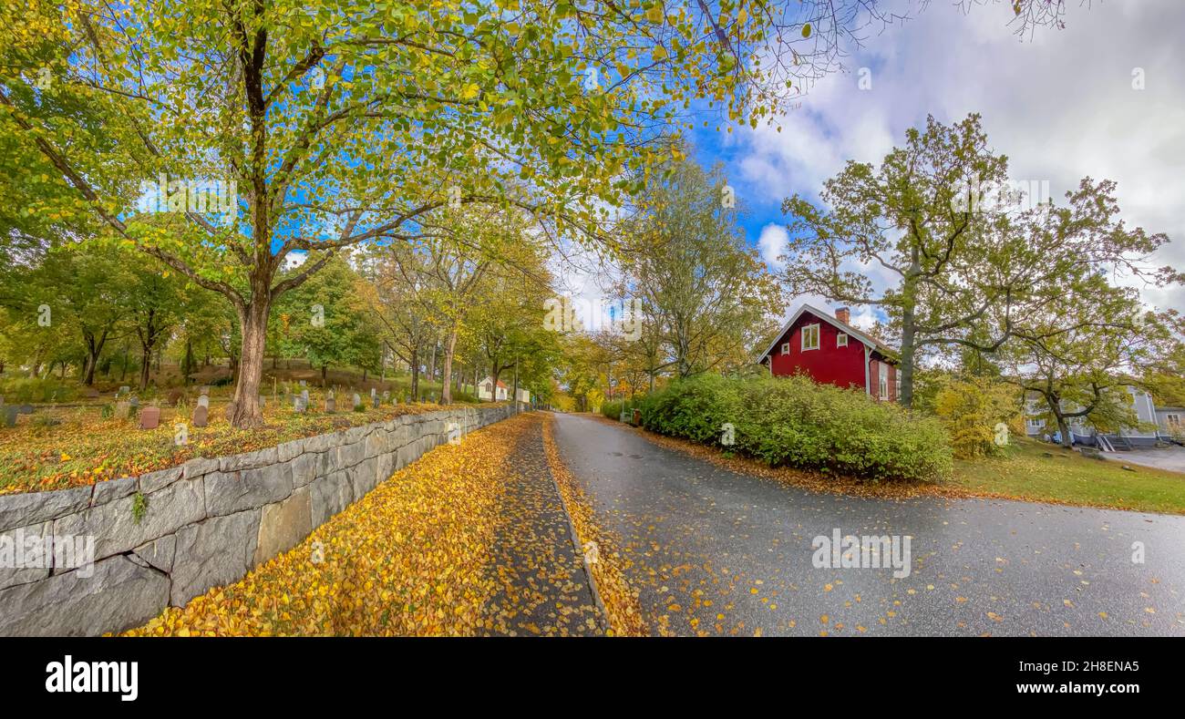 Stockholm, Sweden, October 6 , 2021: Beautiful suburb with sidewalks ...