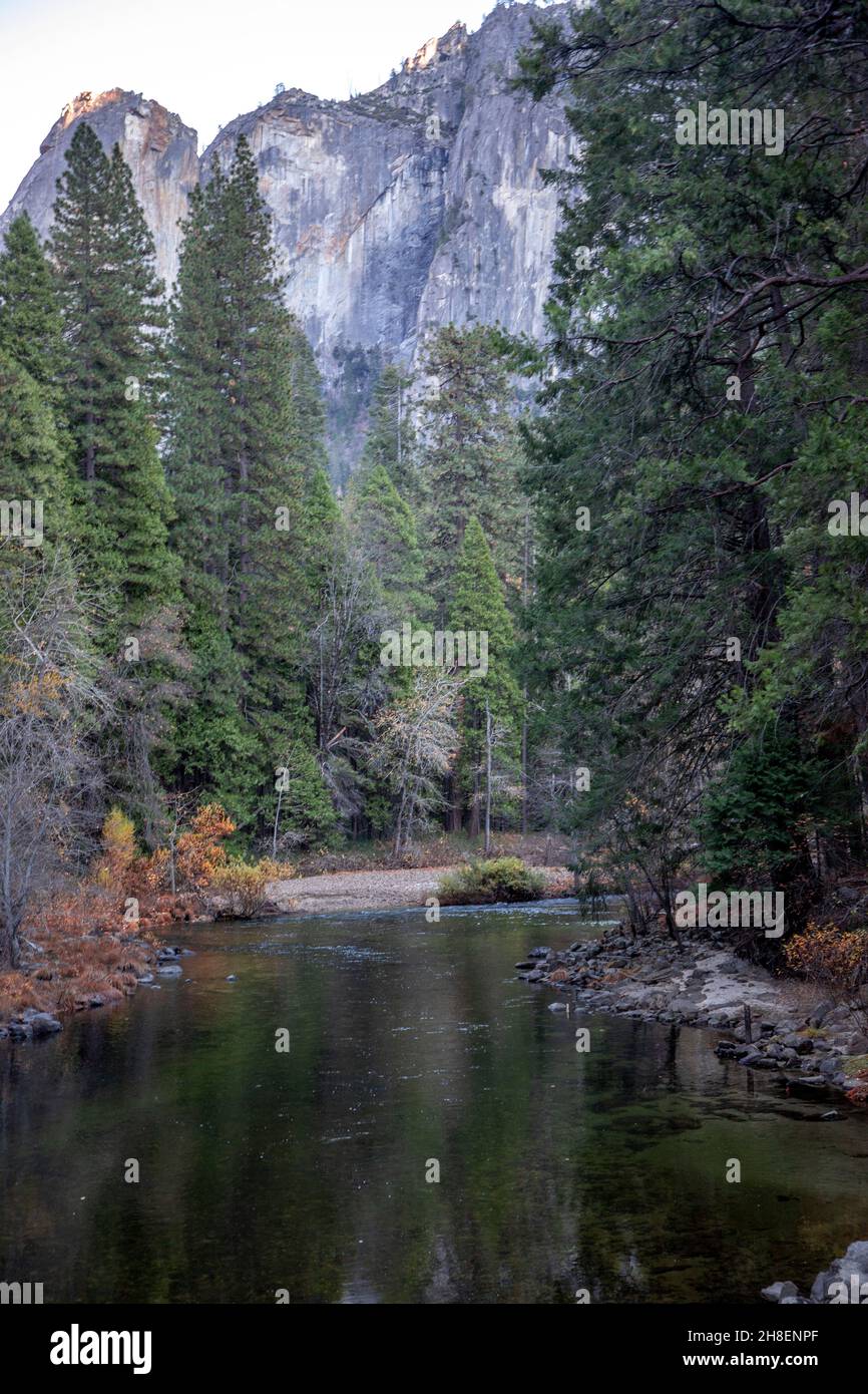 View up the Merced River from the Pohono Bridge in Yosemite Valley ...