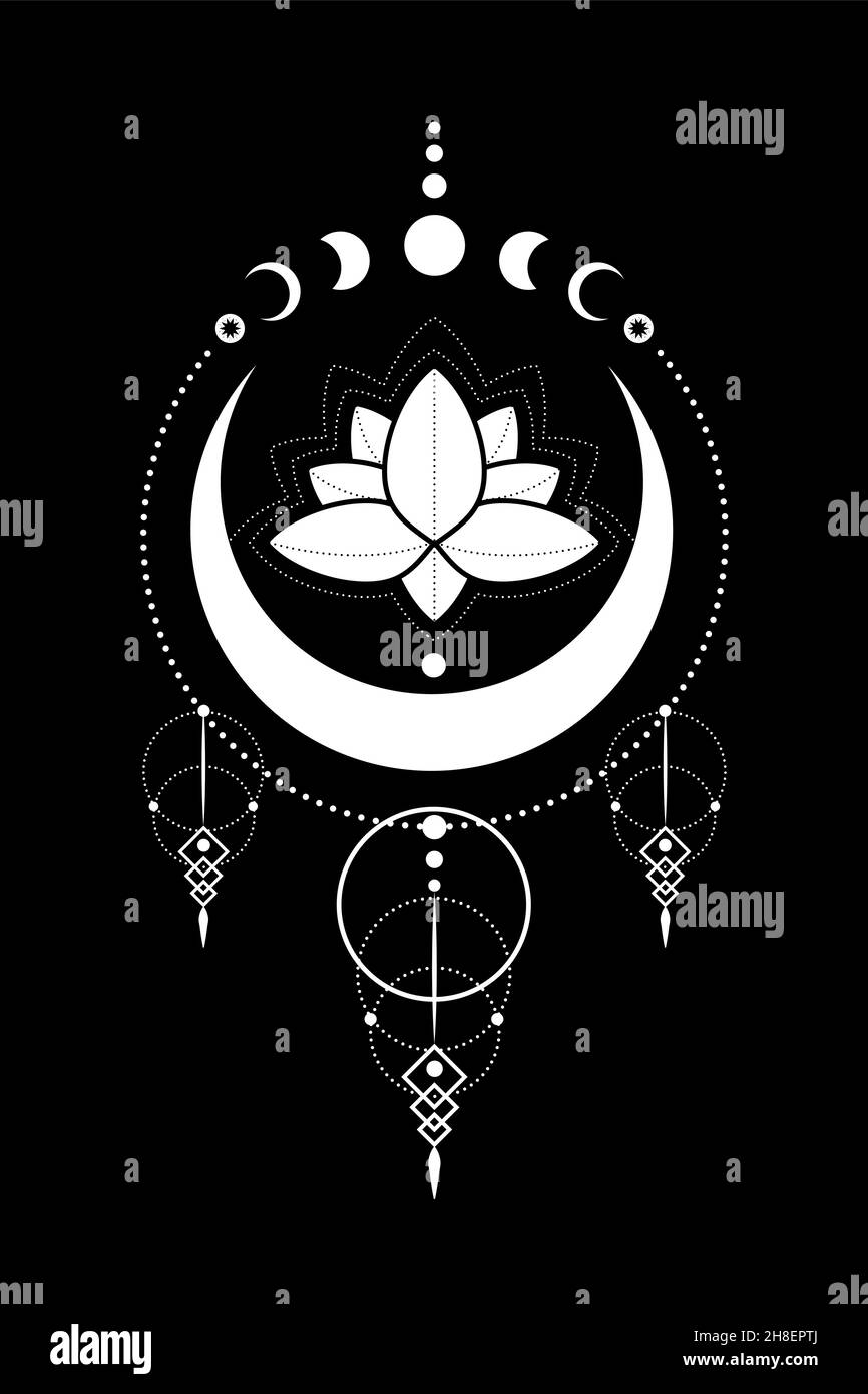 Mystical Moon Phases, Lotus Flower, Sacred geometry. Triple moon, half ...
