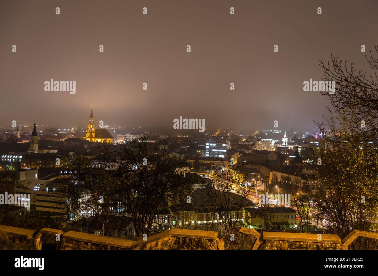 Aerial night view of Cluj-Napoca, Transylvania, Romania, autumn urban ...