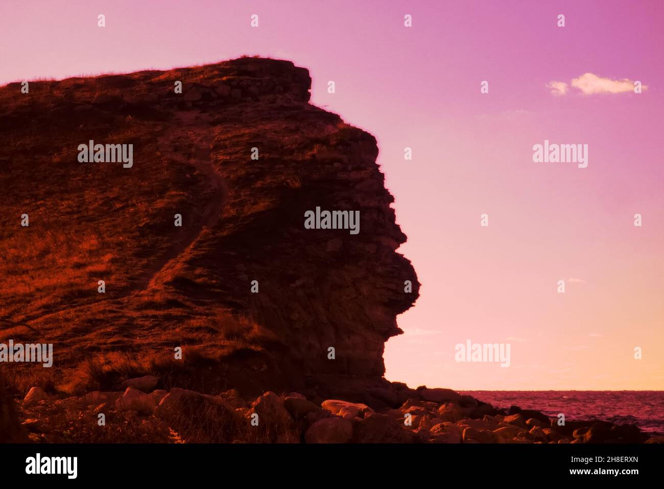 Red sea-cliff, the cliff shoots up into the sky. Surrealistic art ...