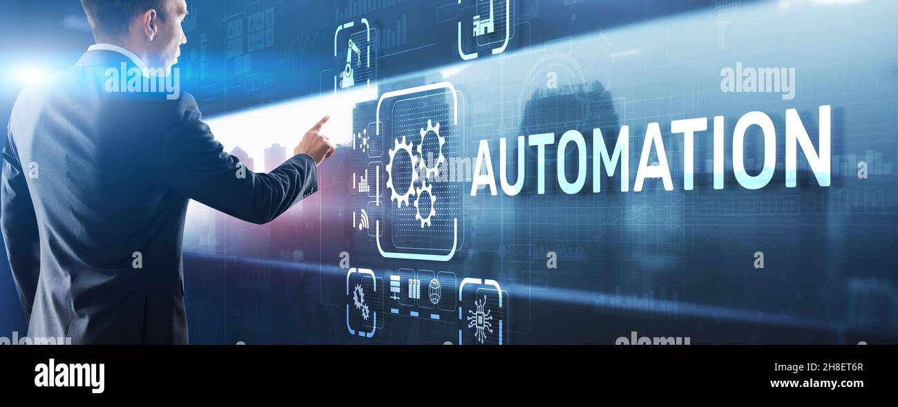 Man clicks on 3d virtual screen Automation. Optimization of business ...