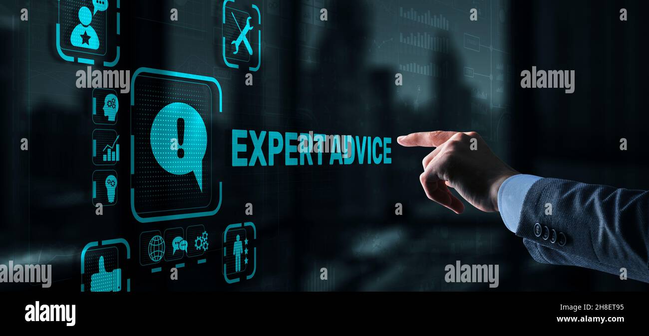 Expert advice. Businessman hand touching inscription on virtual screen ...