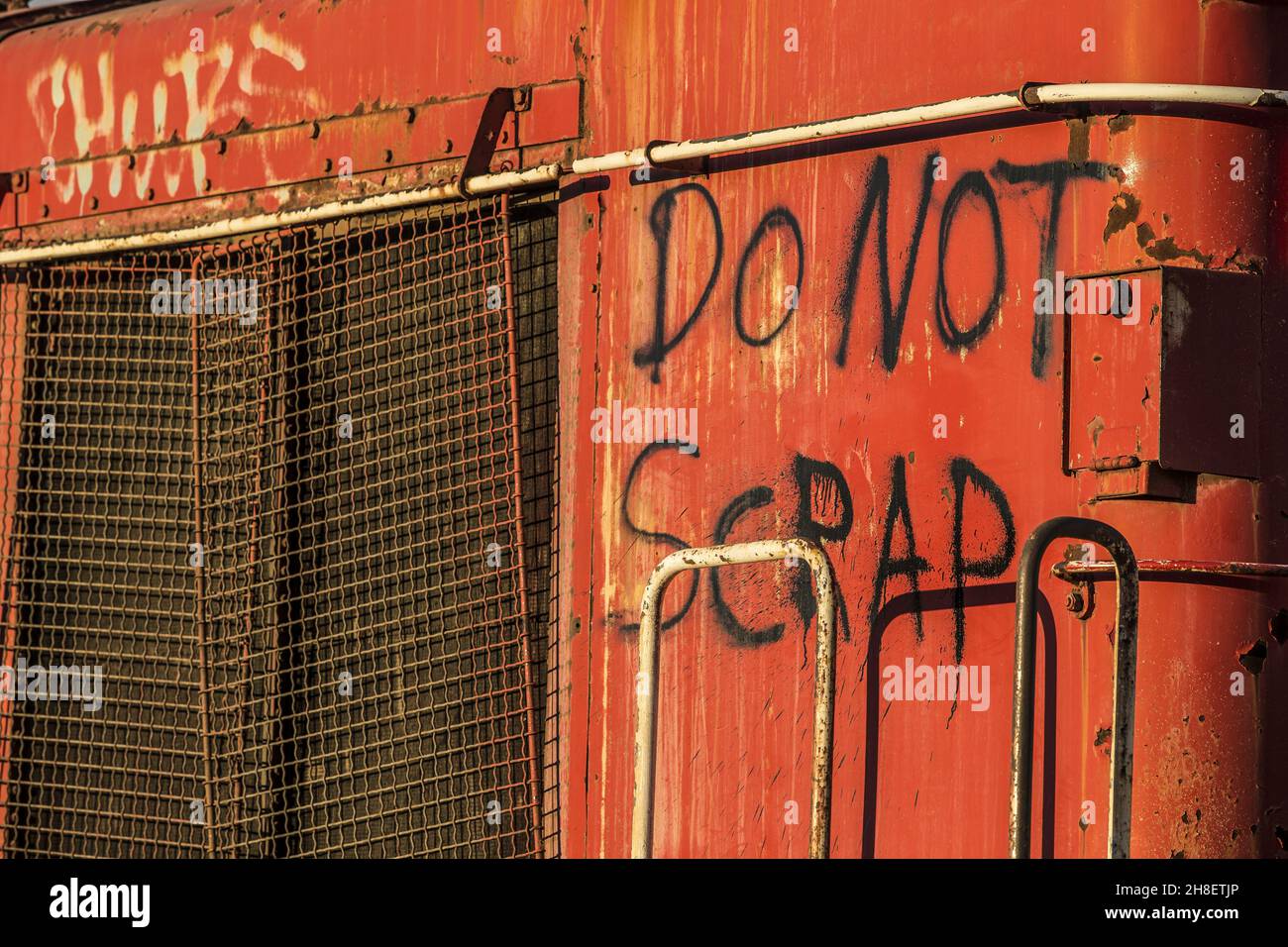 Closeup of a railway carriage with the writing of "do not scrap Stock ...