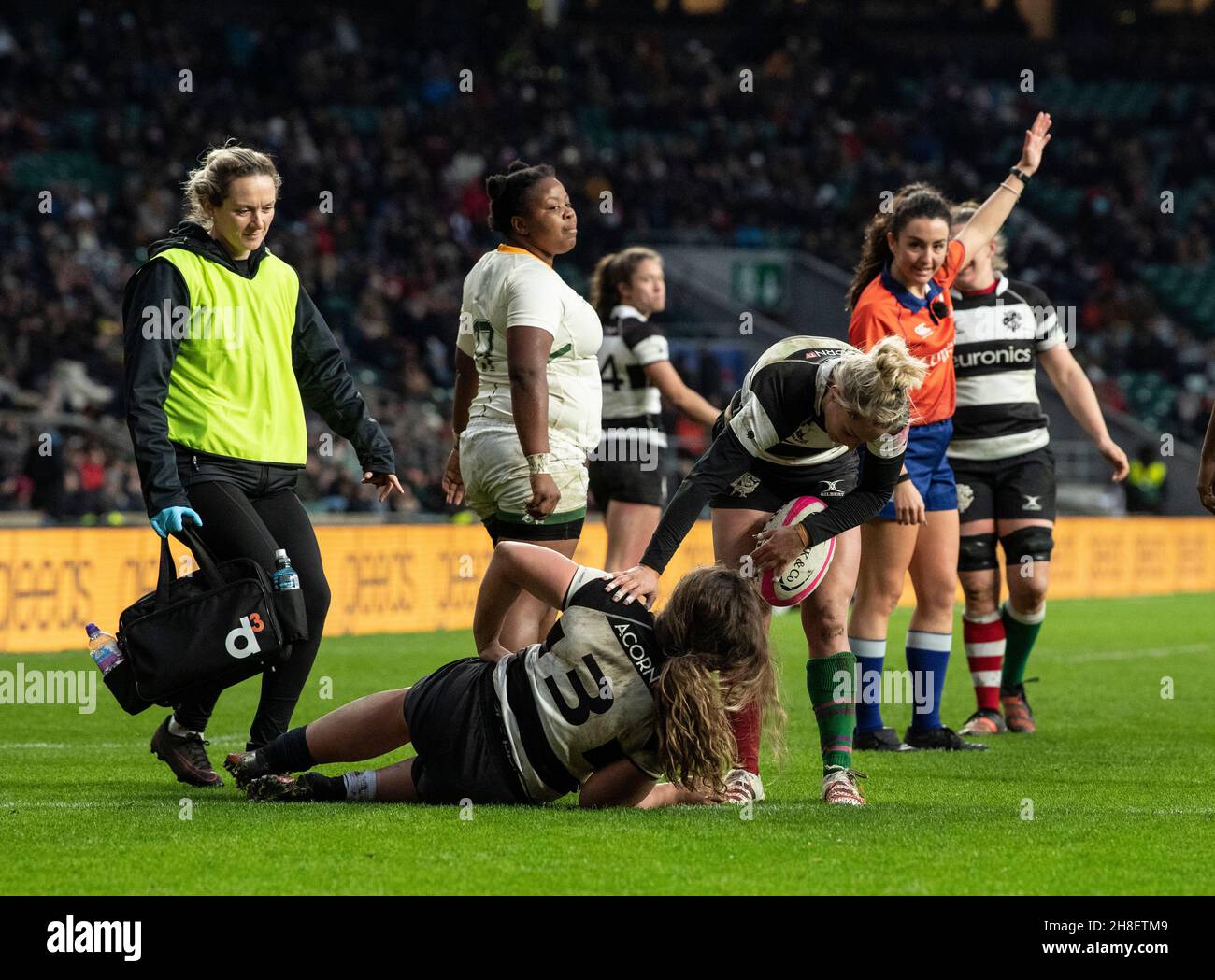 Barbarians’ Natasha Hunt checking on her team mate Hope Rogers during ...