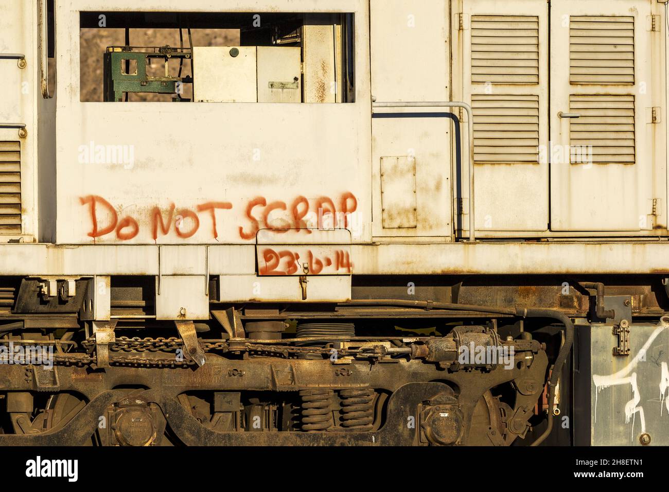 Closeup of a railway carriage with the writing of "do not scrap Stock ...