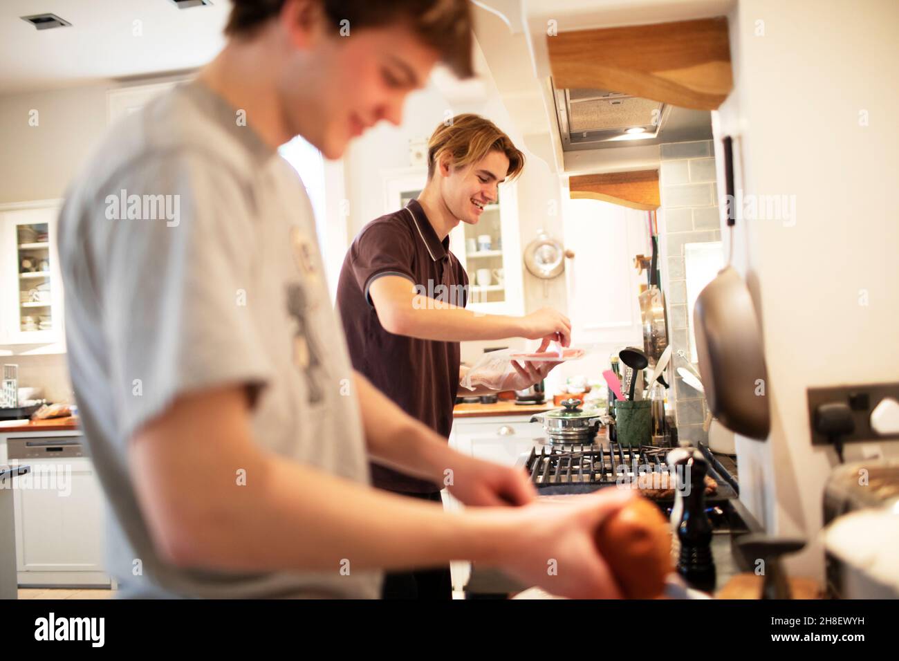 Teenage boys cooking at home in kitchen Stock Photo - Alamy