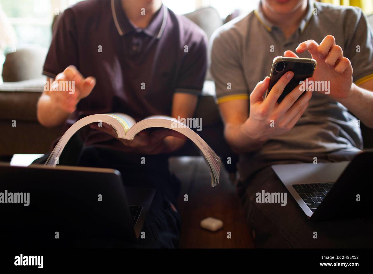 Teenage boys with textbook and smart phone studying at home Stock Photo ...